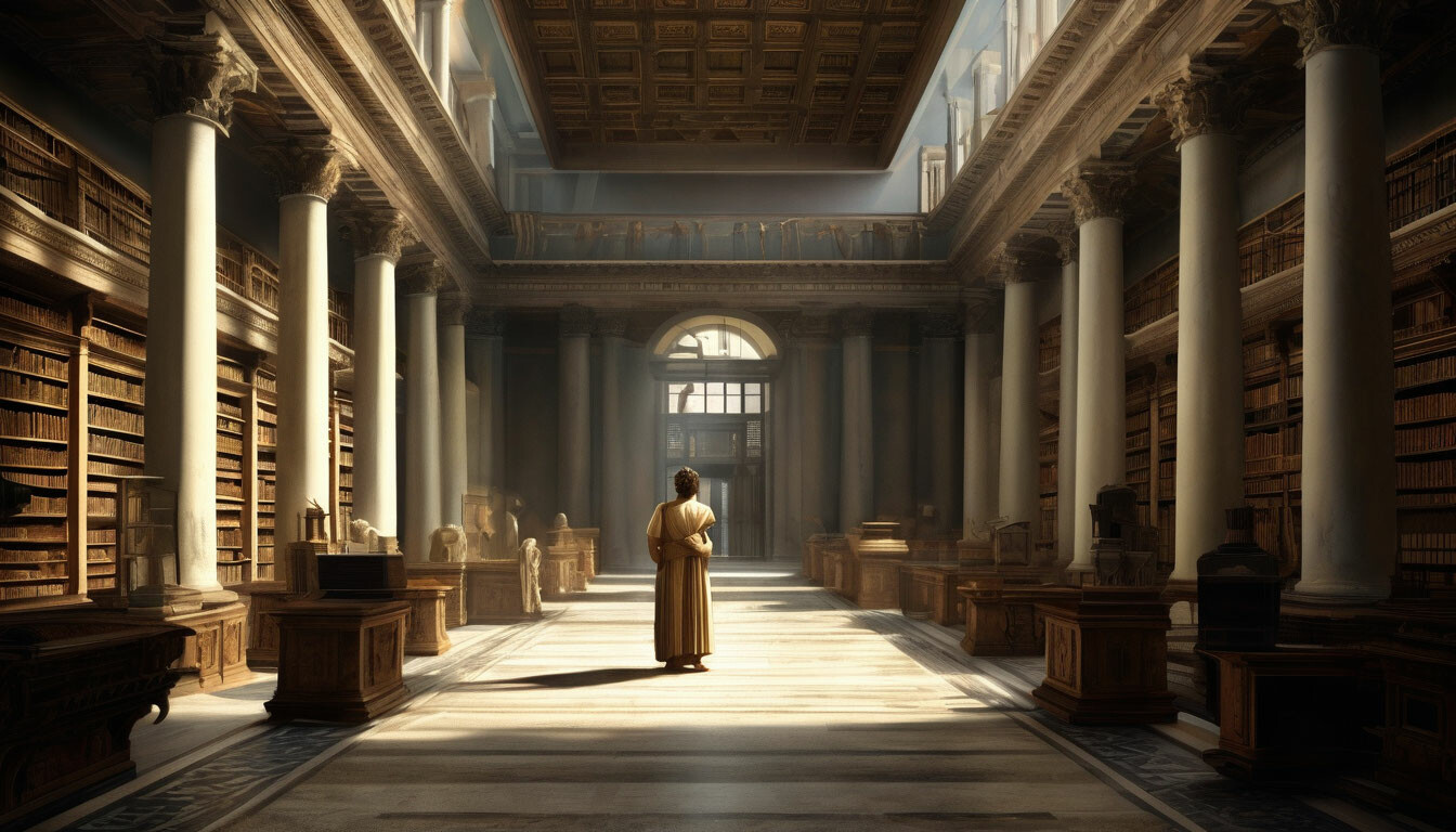 "The library of Ancient Rome with high ceilings. The library employee ...