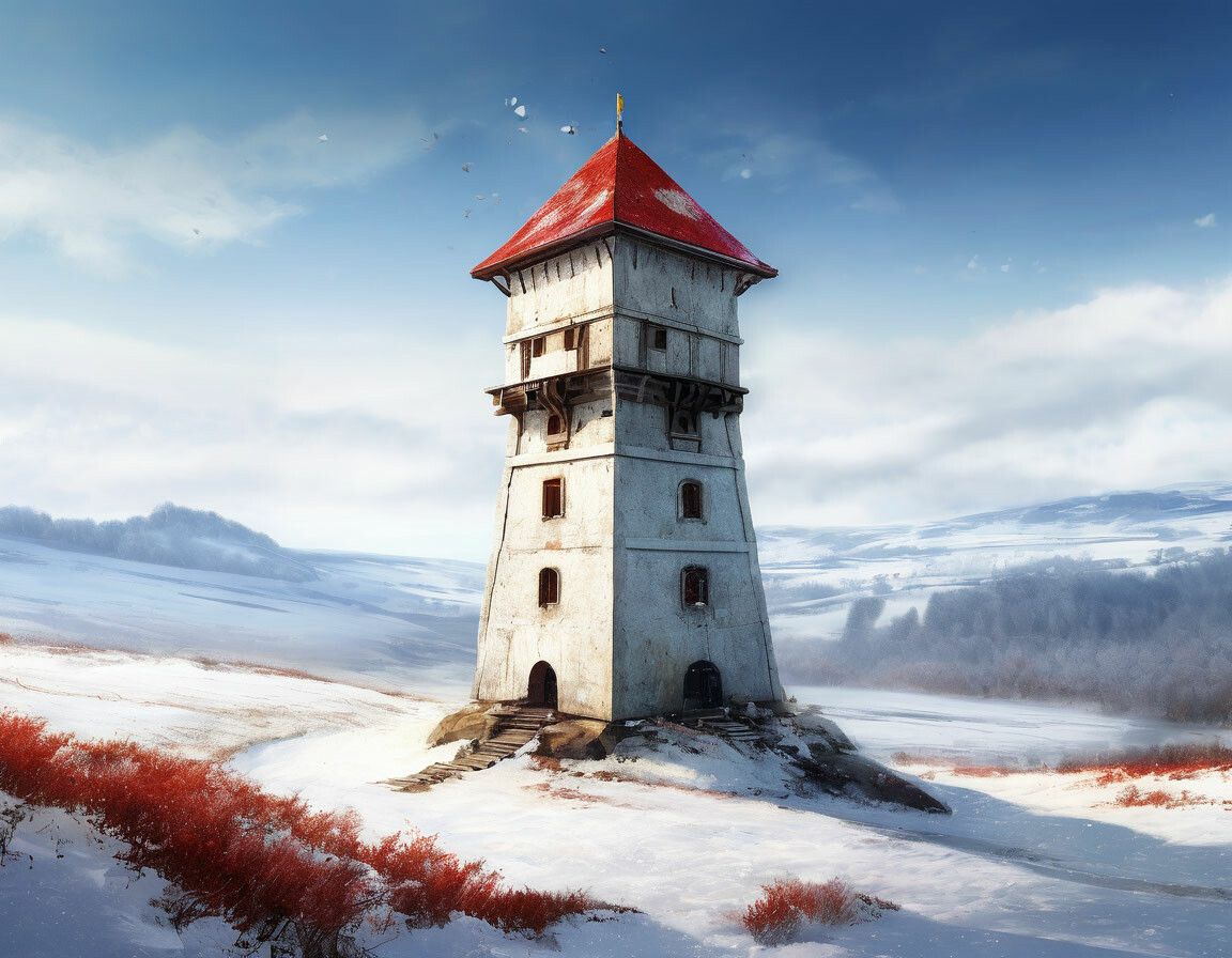 "Norway, snow, wooden watchtower" — image created in Shedevrum