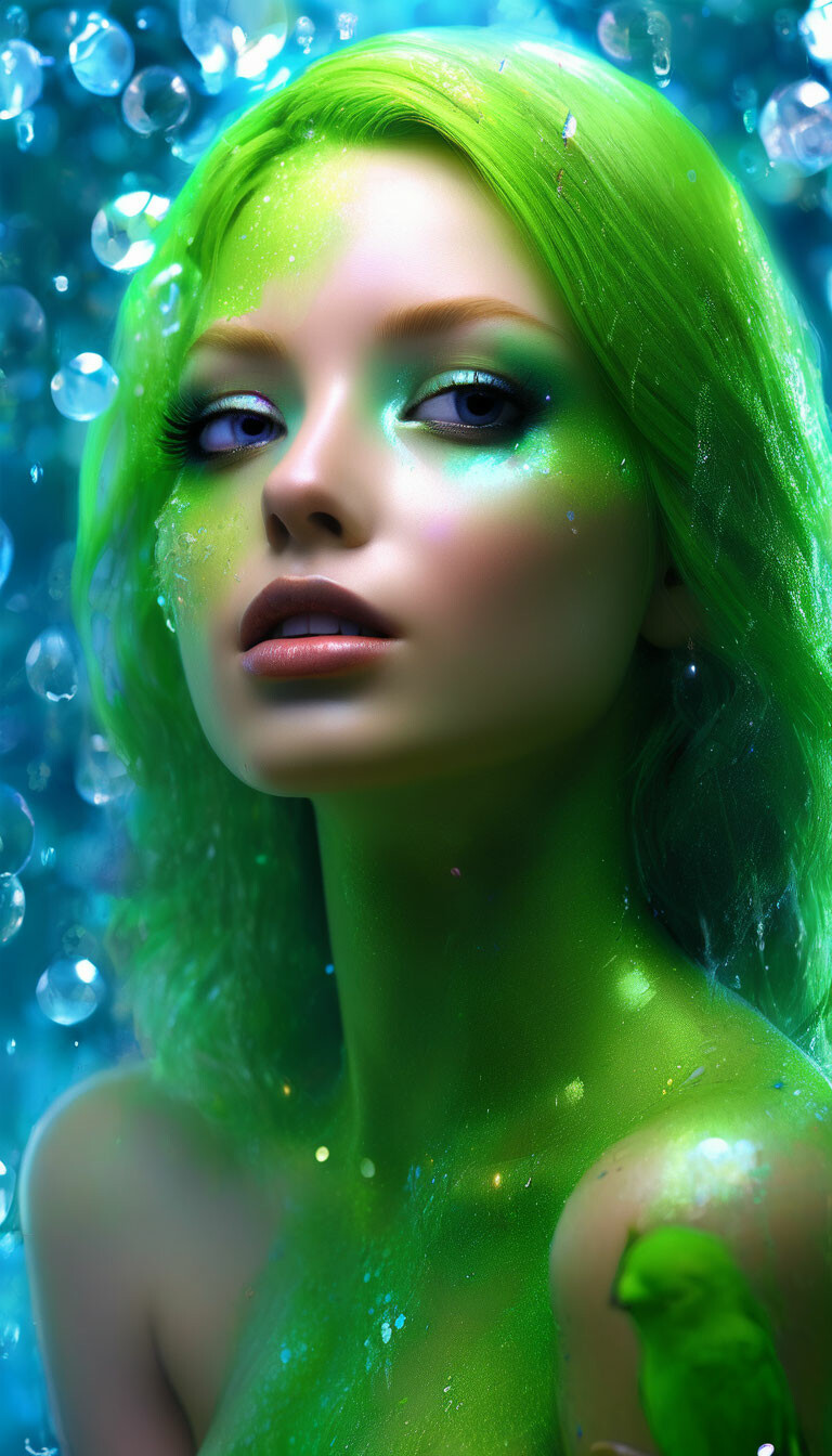 "Green budgie and a beautiful girl,big iridescent shiny eyes, pearly ...