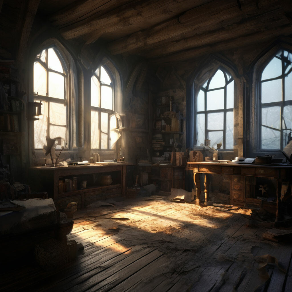 "Dusty castle attic with a bed, panoramic dirty windows, cluttered desk ...