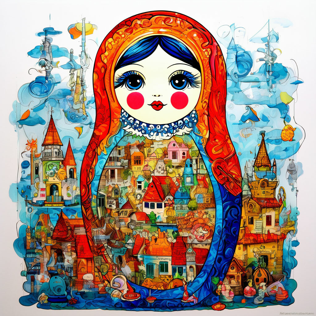 "Matryoshka multi-detail drawing with colored paints and ink and ink ...