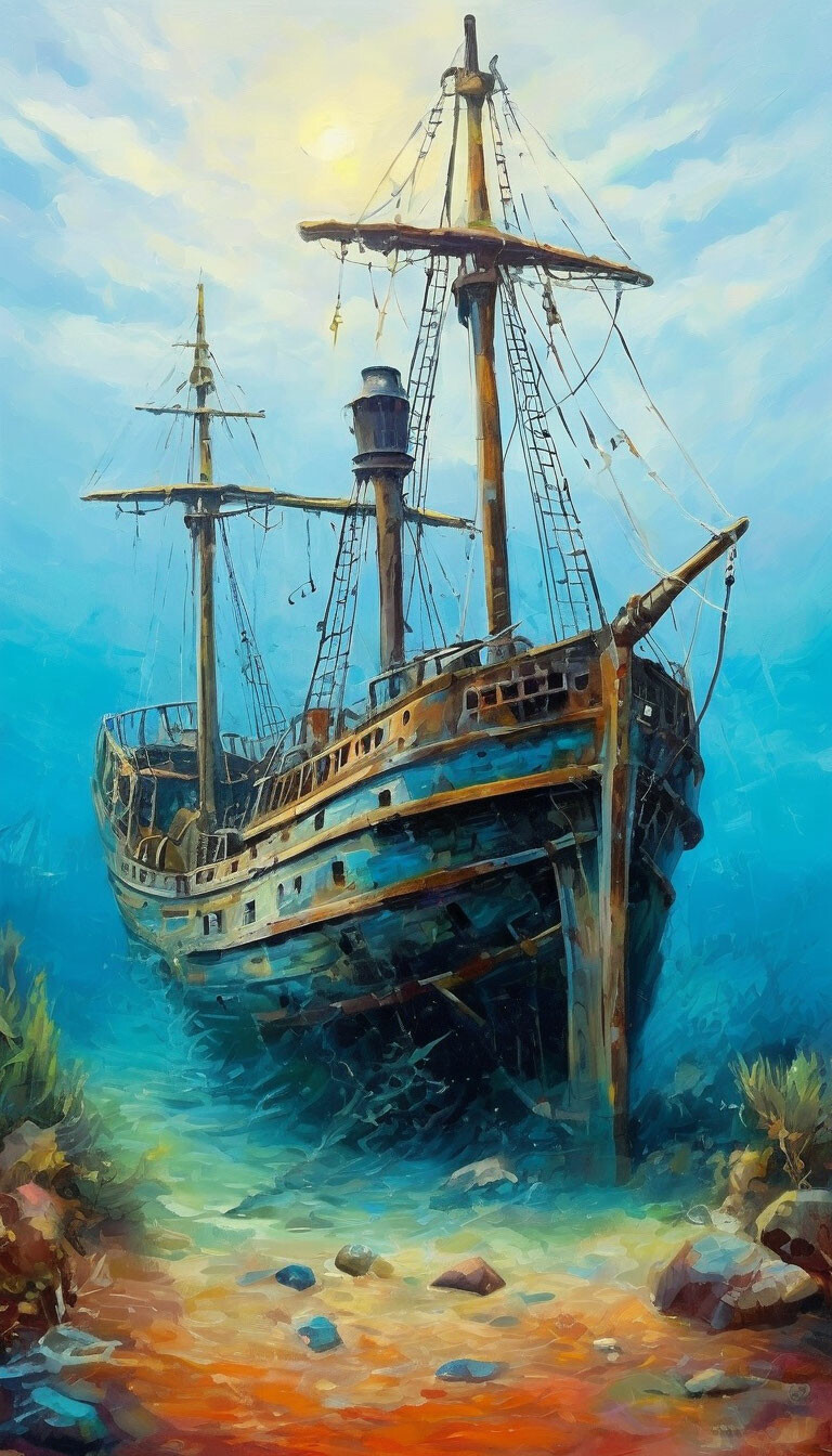 "The seabed with a sunken ship, Sanura - acrylic painting on panel ...