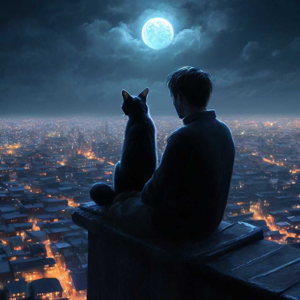 "A transparent ghost man and a black cat sit on an iron roof and look ...