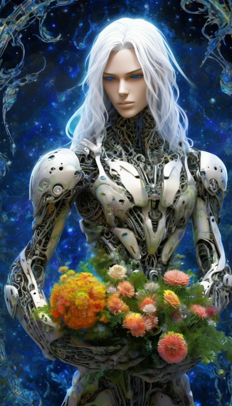 "The gardener Biomechanics close-up, beautiful slender graceful robot ...