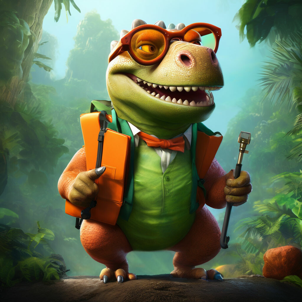 "Jungle, a huge Pixar-style dinosaur with glasses stands on its hind ...