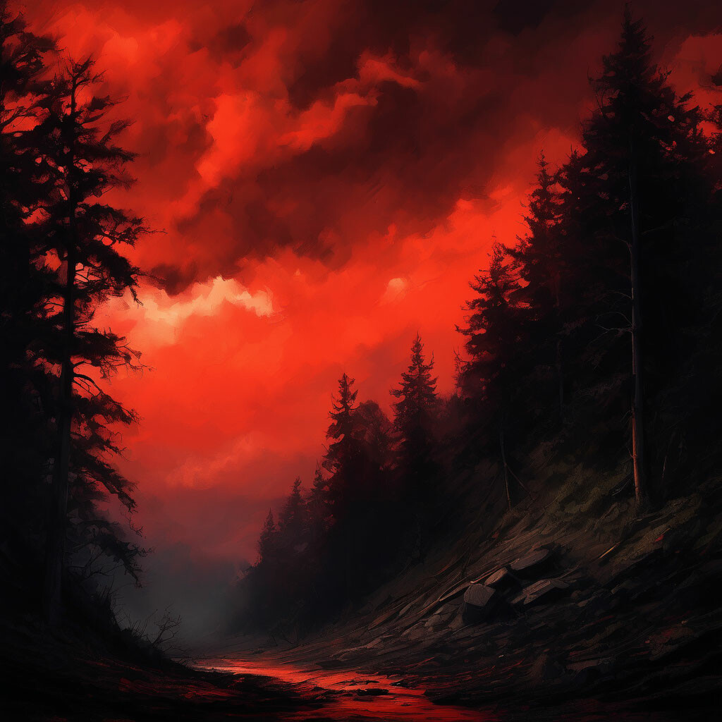"Thunderstorm, dark red sky, forest, …" — image created in Shedevrum