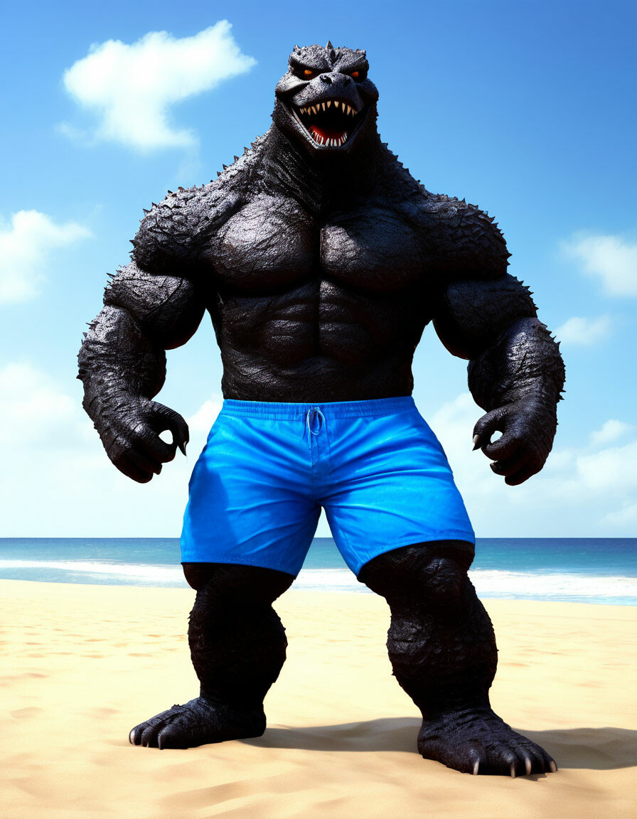 "Massive muscular black Godzilla in …" — image created in Shedevrum