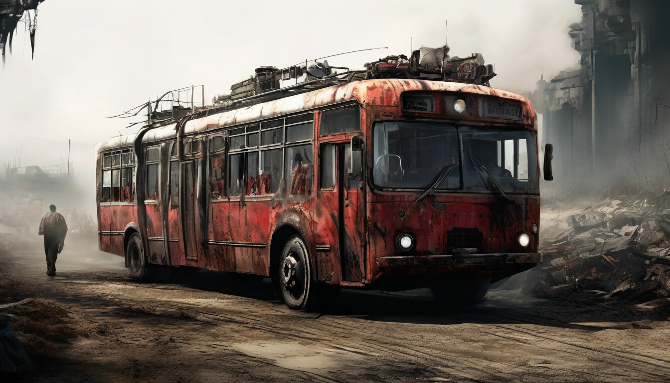 "An overloaded post-apocalyptic bus …" — image created in Shedevrum