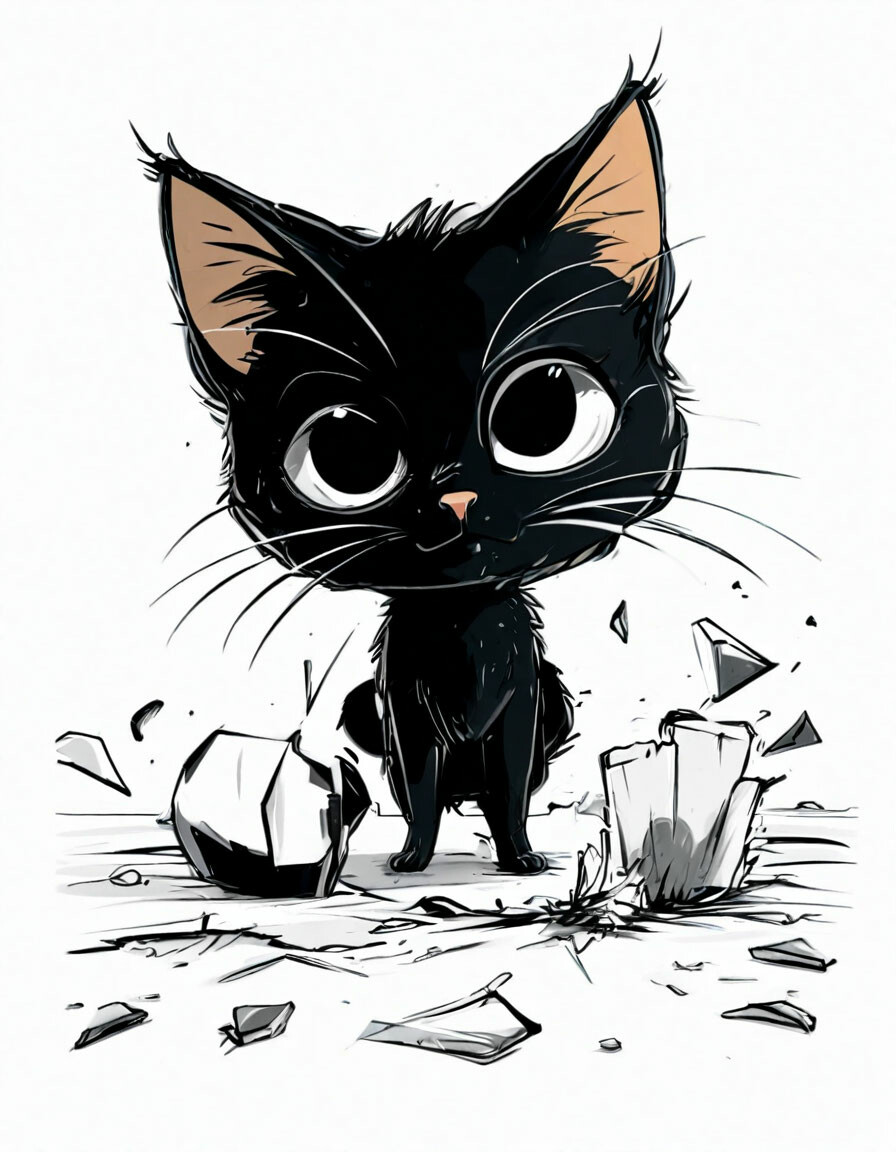 "Cartoon chibi cat, puddle of milk, broken glass, minimalism , simple ...