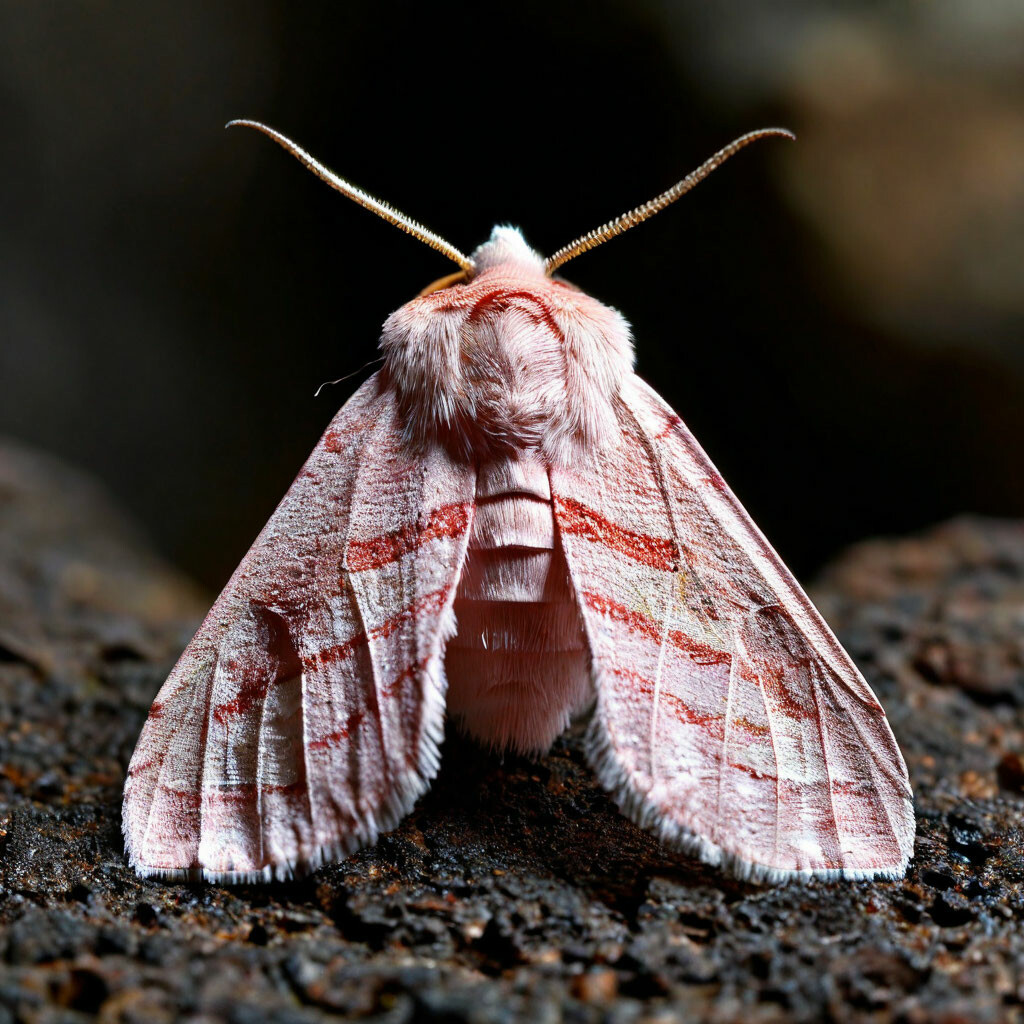 "A small fluffy moth in the color of pale pink, high detail, close-up ...