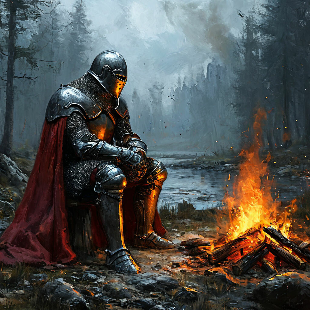 "Draw me a lonely knight sitting next to a campfire in the style of ...