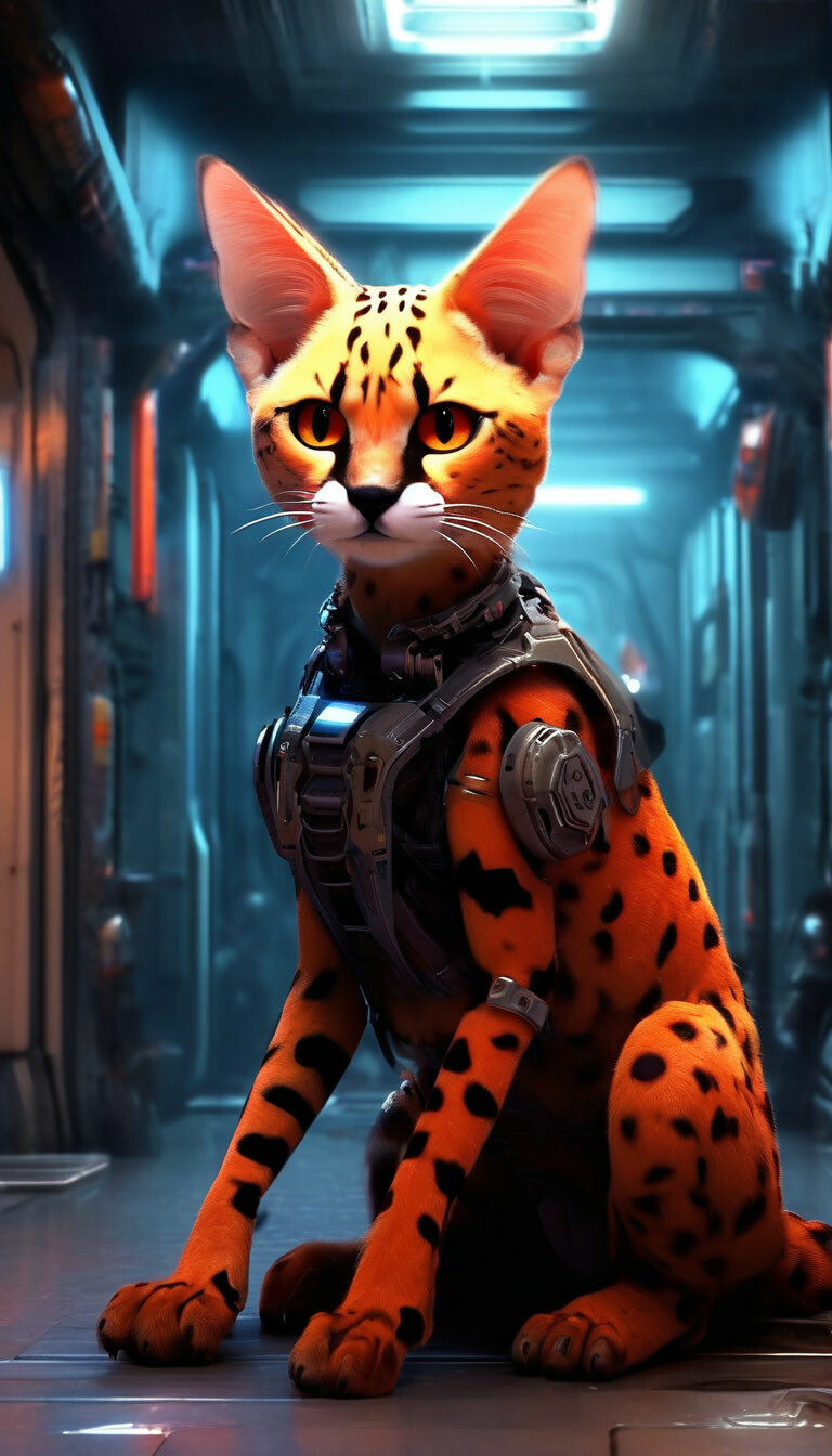 "A red-haired cyborg serval in full height sits in the corridor of a ...