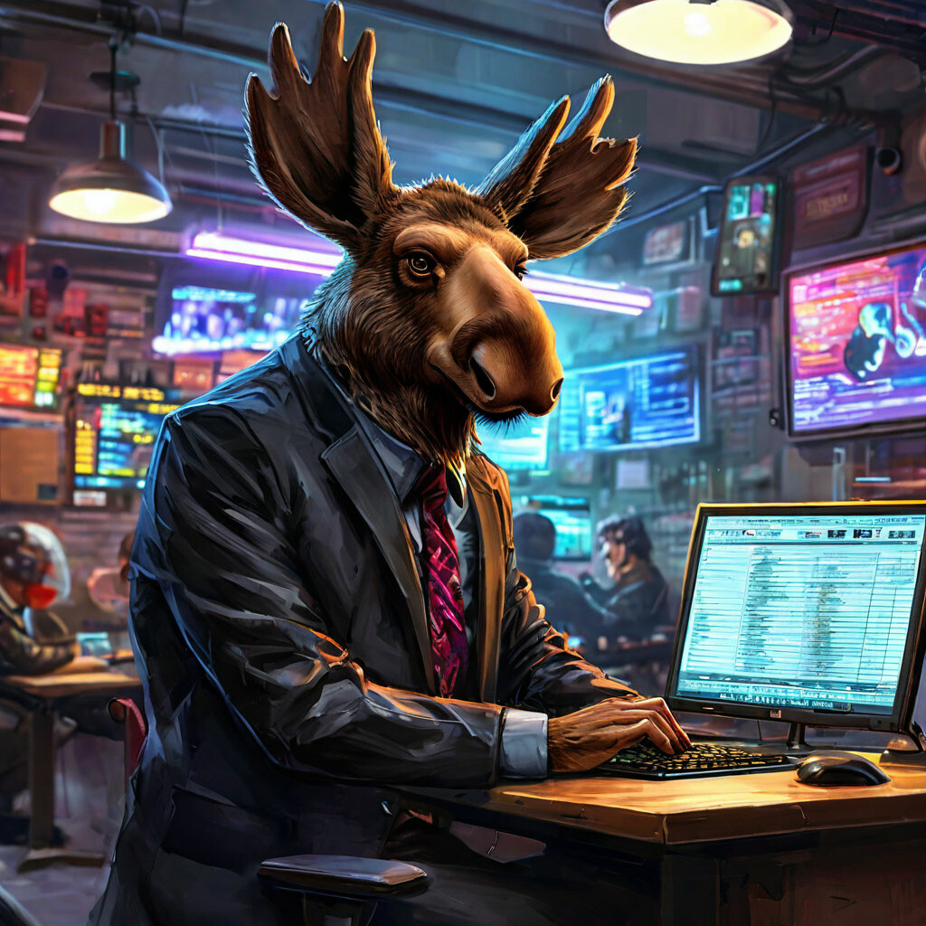 "Moose is a programmer in a suit programming a game in a cyberpunk ...