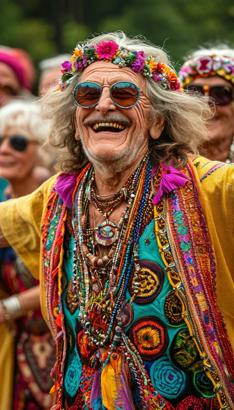 "Realistic high-quality photo, hippies…" — image created in Shedevrum