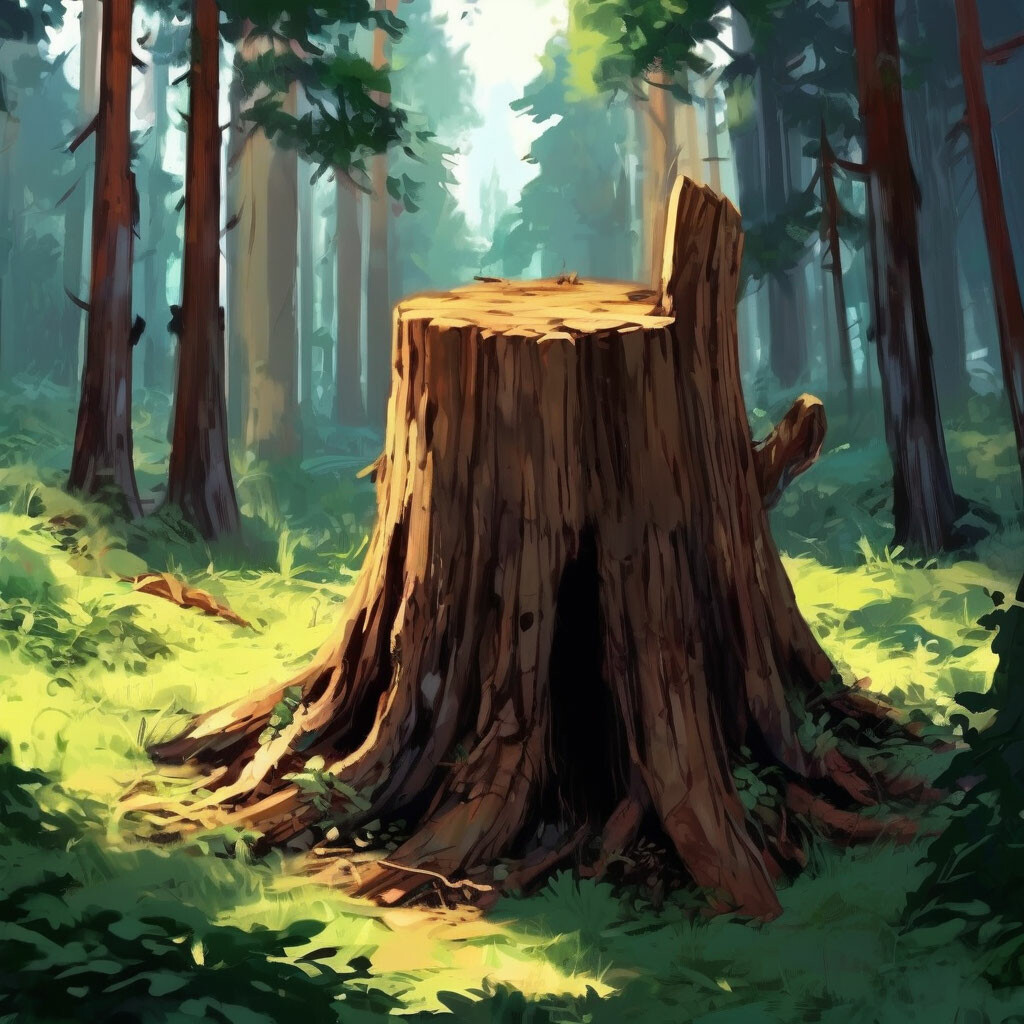 "Rotten stump, pine forest, summer, anime style" — image created in ...