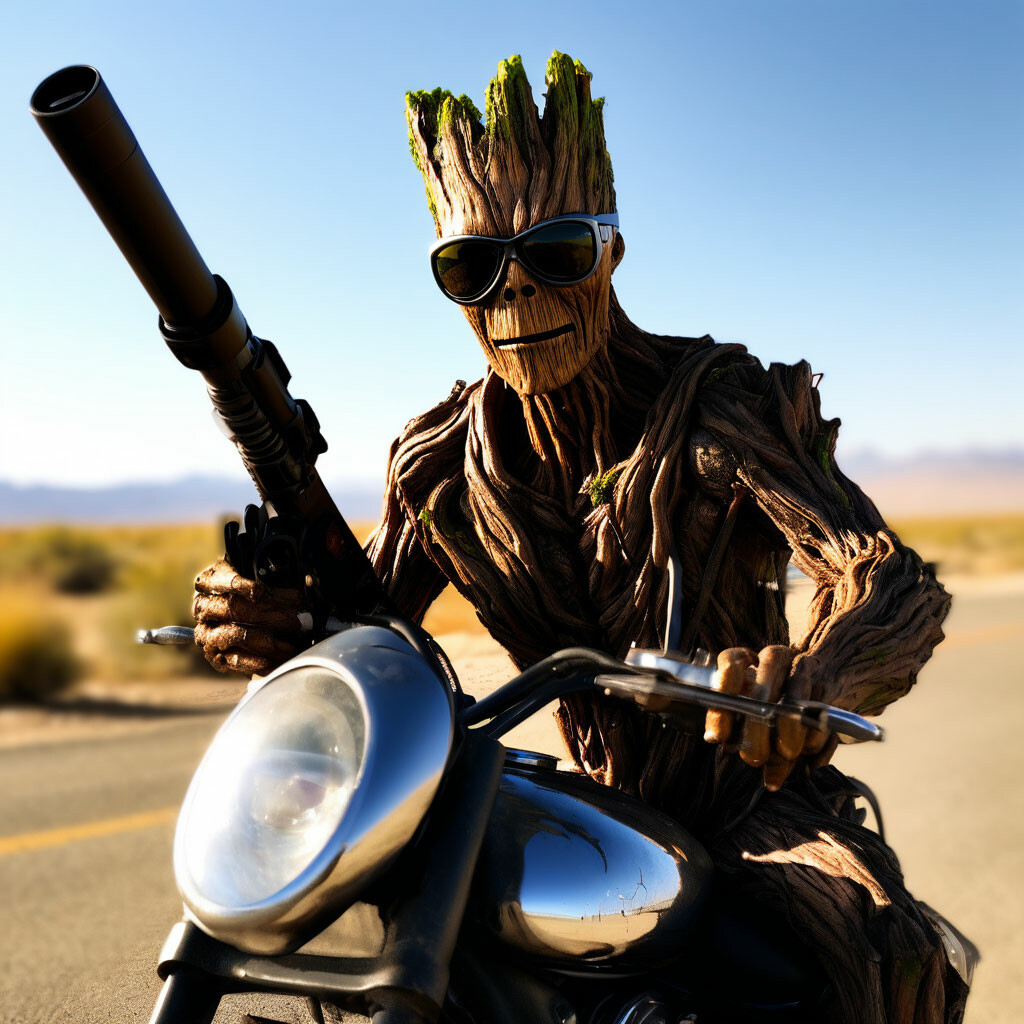 "Hybrid Groot- Terminator sunglasses on a motorcycle with a shotgun ...