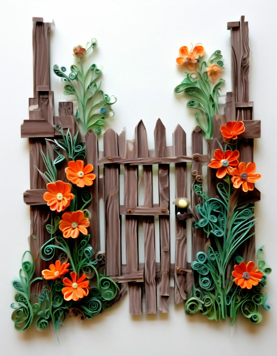 "In the Quilling style wooden gate, wooden fence, flower garden ...