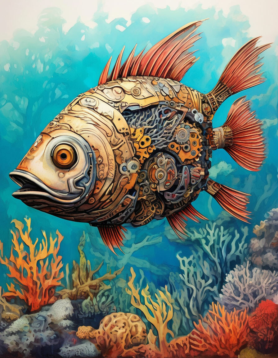 "A large mechanical fish with gears inside in a section among corals ...