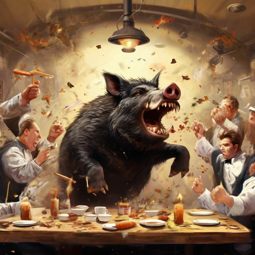 "A furious indignant boar made a scandal and a brawl and a fight in the ...