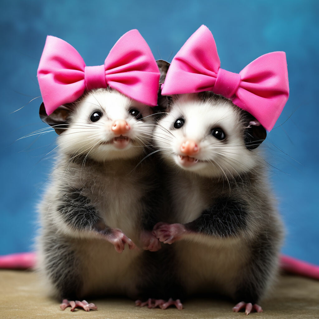 "Possums with pink bows on their heads hug" — image created in Shedevrum