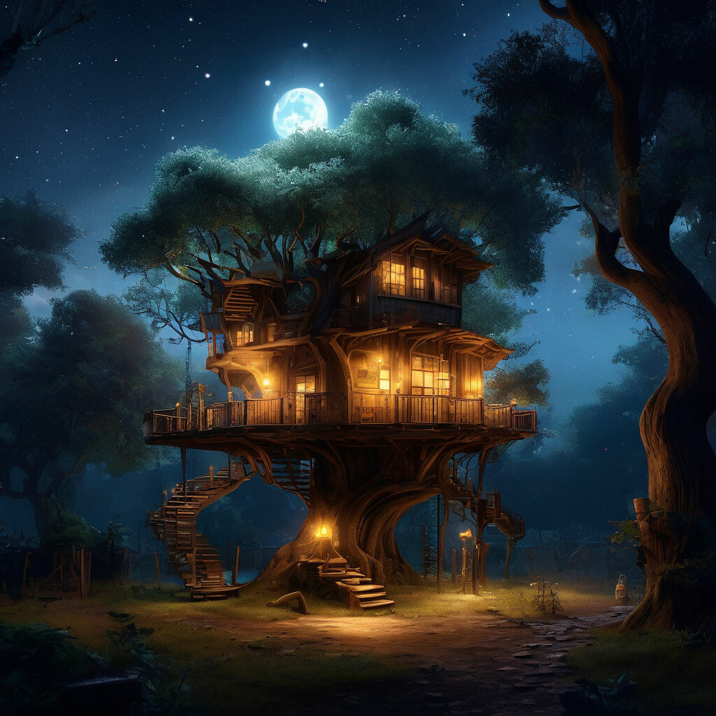 "A treehouse at night and. lights are burning everywhere. The stars are ...