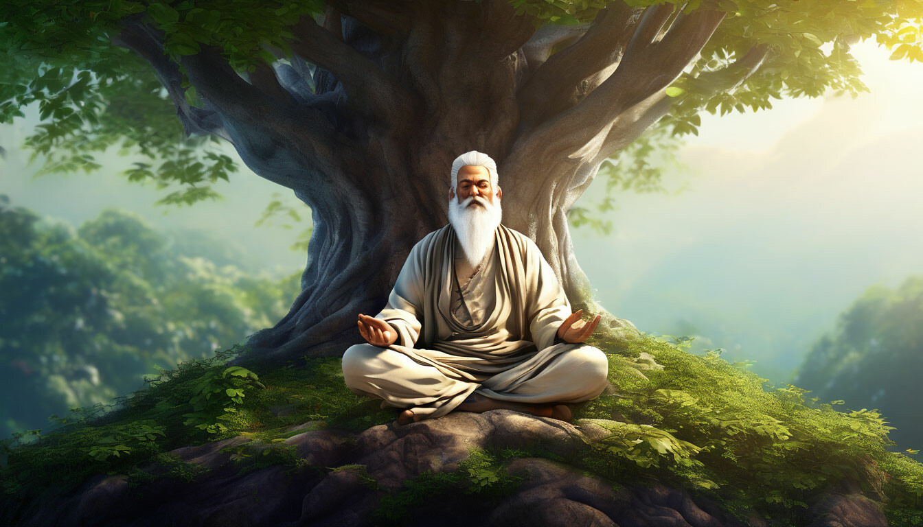 "The sage is sitting under a mighty tree in the lotus position, gray ...