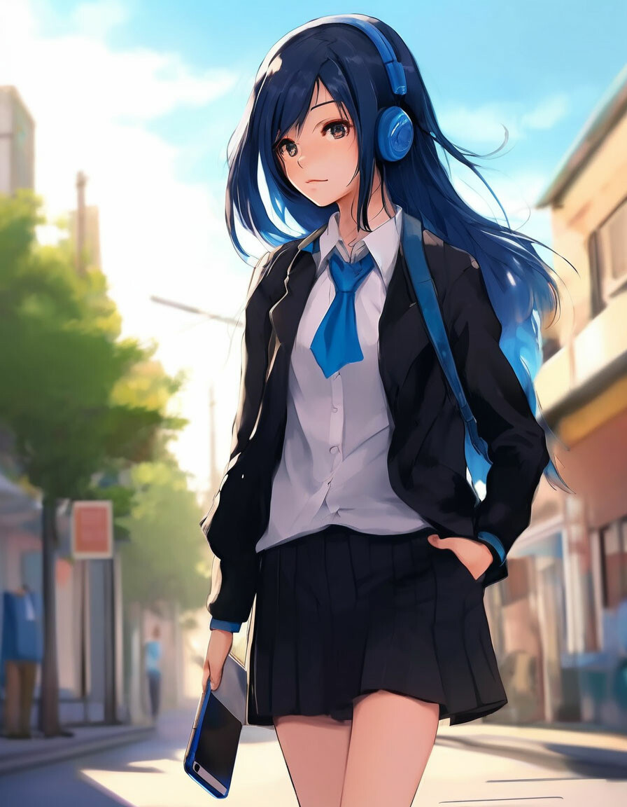 "Beautiful anime girl, chewing gum, long black hair, blue streaks ...