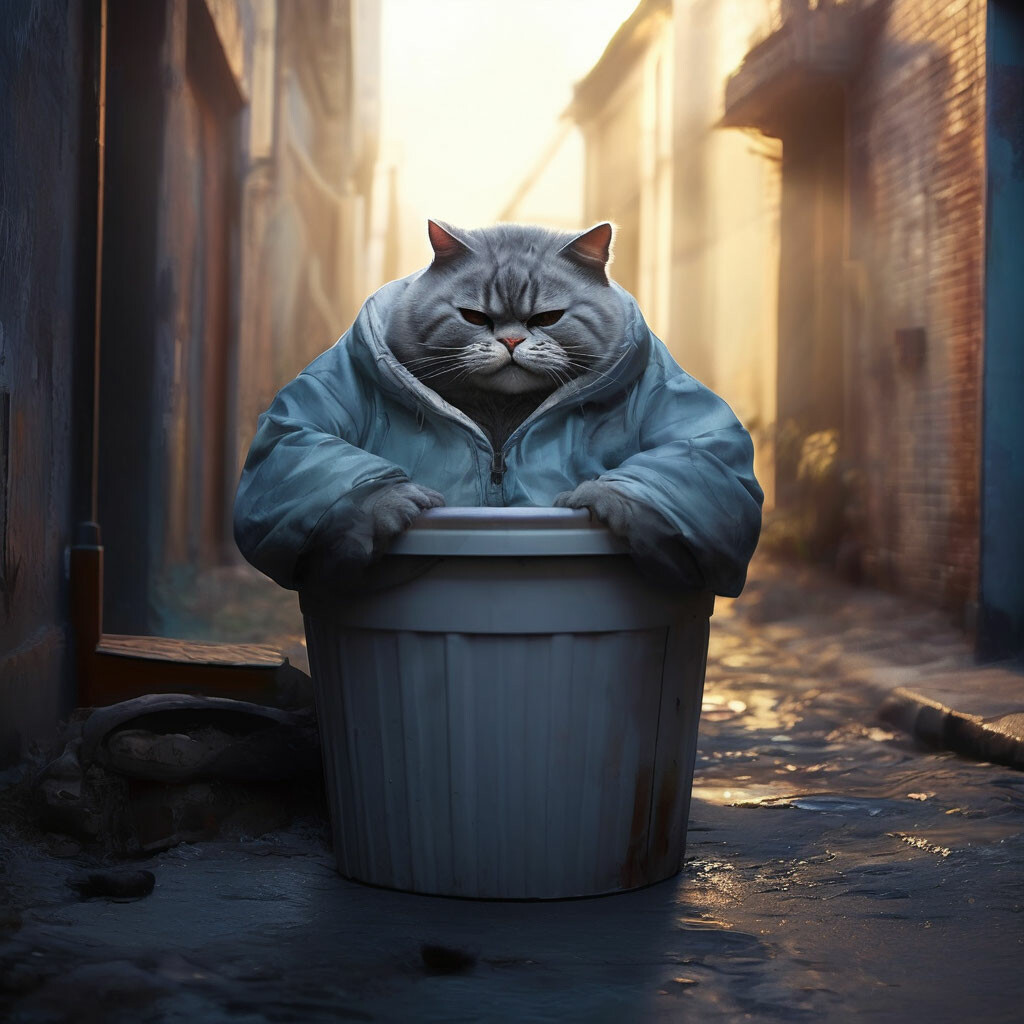 "A sad fat cat is crying tears are flowing like a river near a trash ...