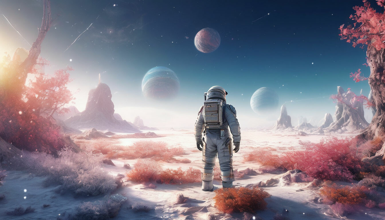 "A space wanderer in an epic battered …" — image created in Shedevrum