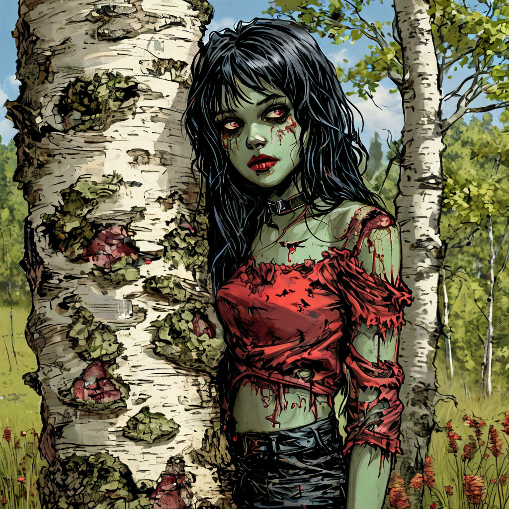"Zombie girl posing by a birch tree …" — image created in Shedevrum