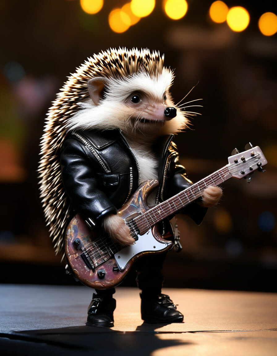 "Hedgehog sings on stage and plays rock music on guitar. other lights ...