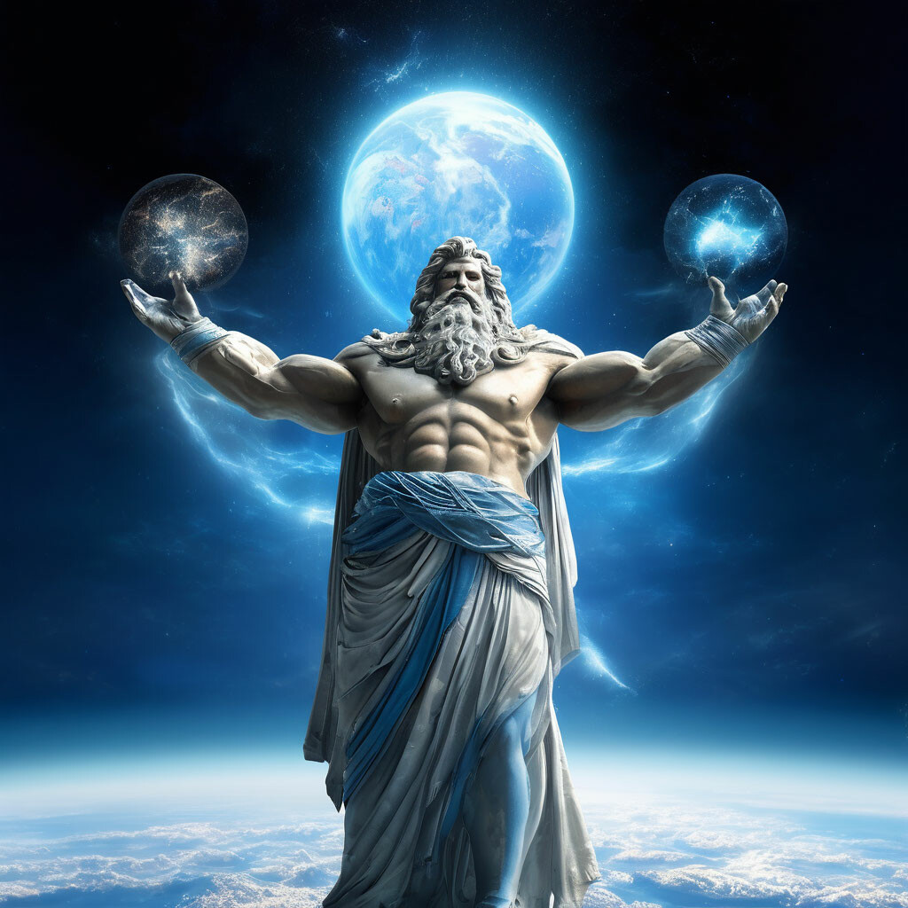 "A very large Zeus holds the earth in space in his hand" — image ...