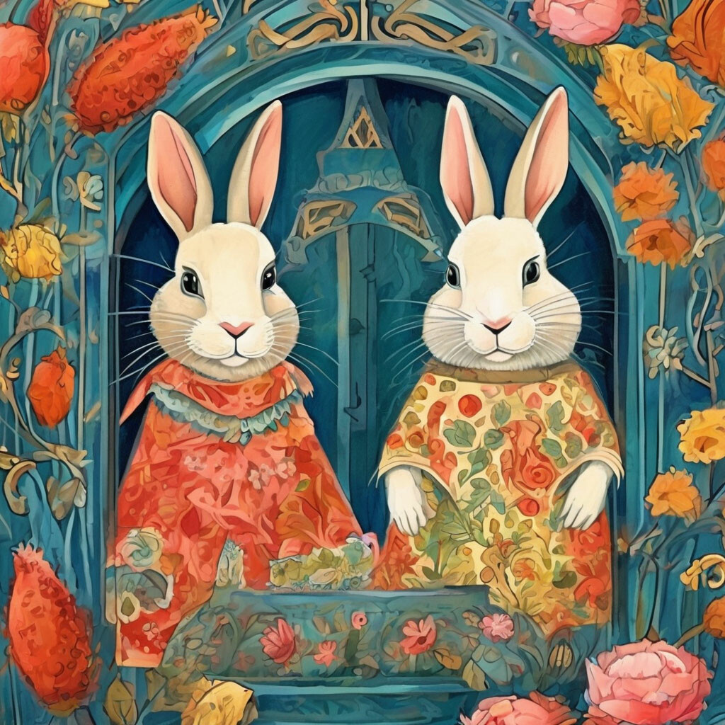 "Decorative illustration in the style of Gallus Emma , rabbits in a ...