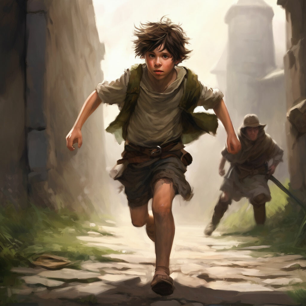 "A homeless boy in a sleeveless canvas shirt and short shorts with bare ...