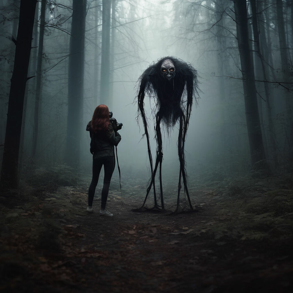 "A photographer girl stands in a dark forest and tries to photograph a ...