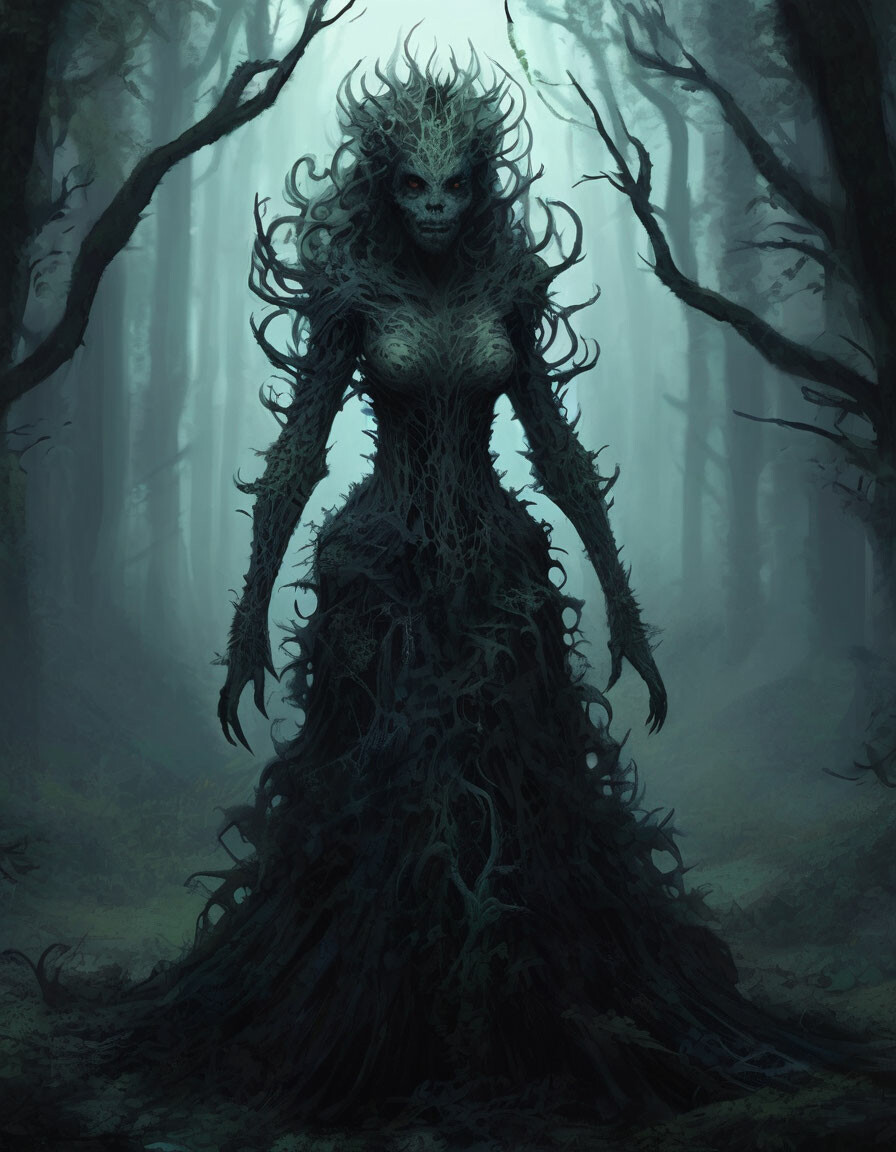 "Monster, horror, beauty, lace dress, full body, dark botanical ...