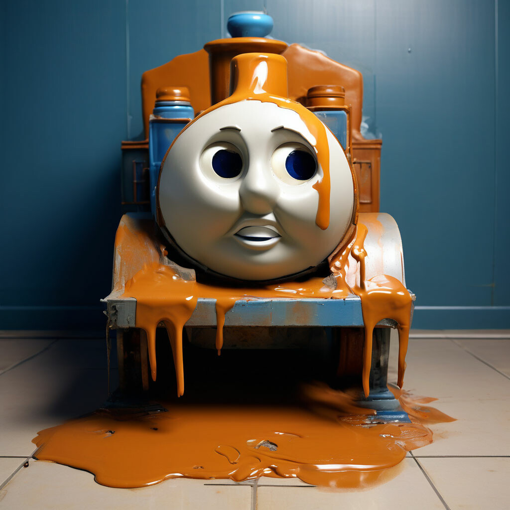 "Fat Thomas the steam train spilled brown paint on the toilet and is ...