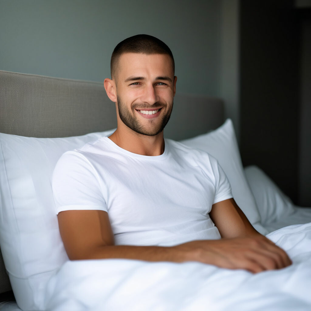 "Good morning! A guy with very short hair, very handsome, in a freshly ...