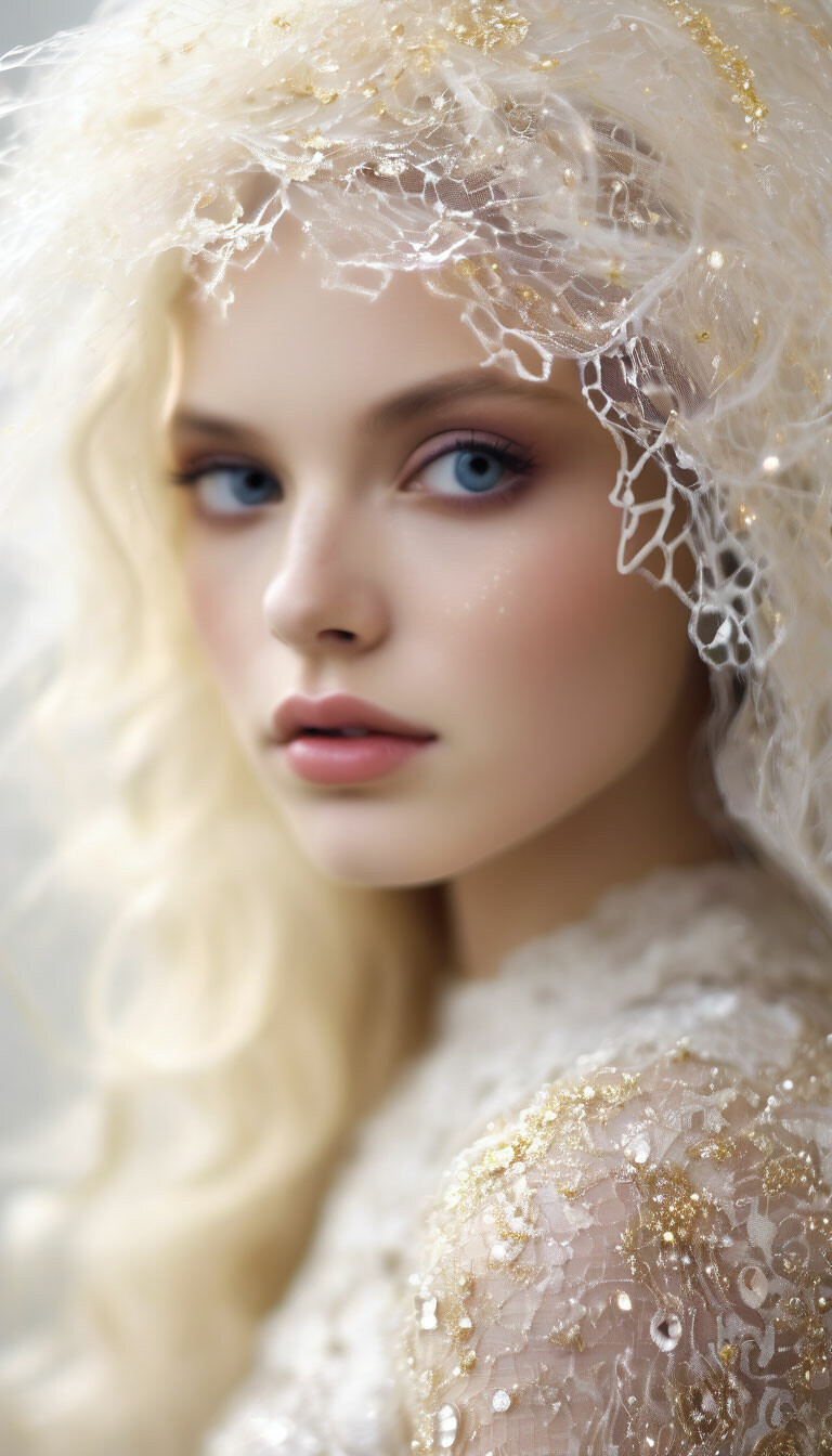 "Girl with pearly skin, transparent lips,accent on eyes, glitter,in a ...