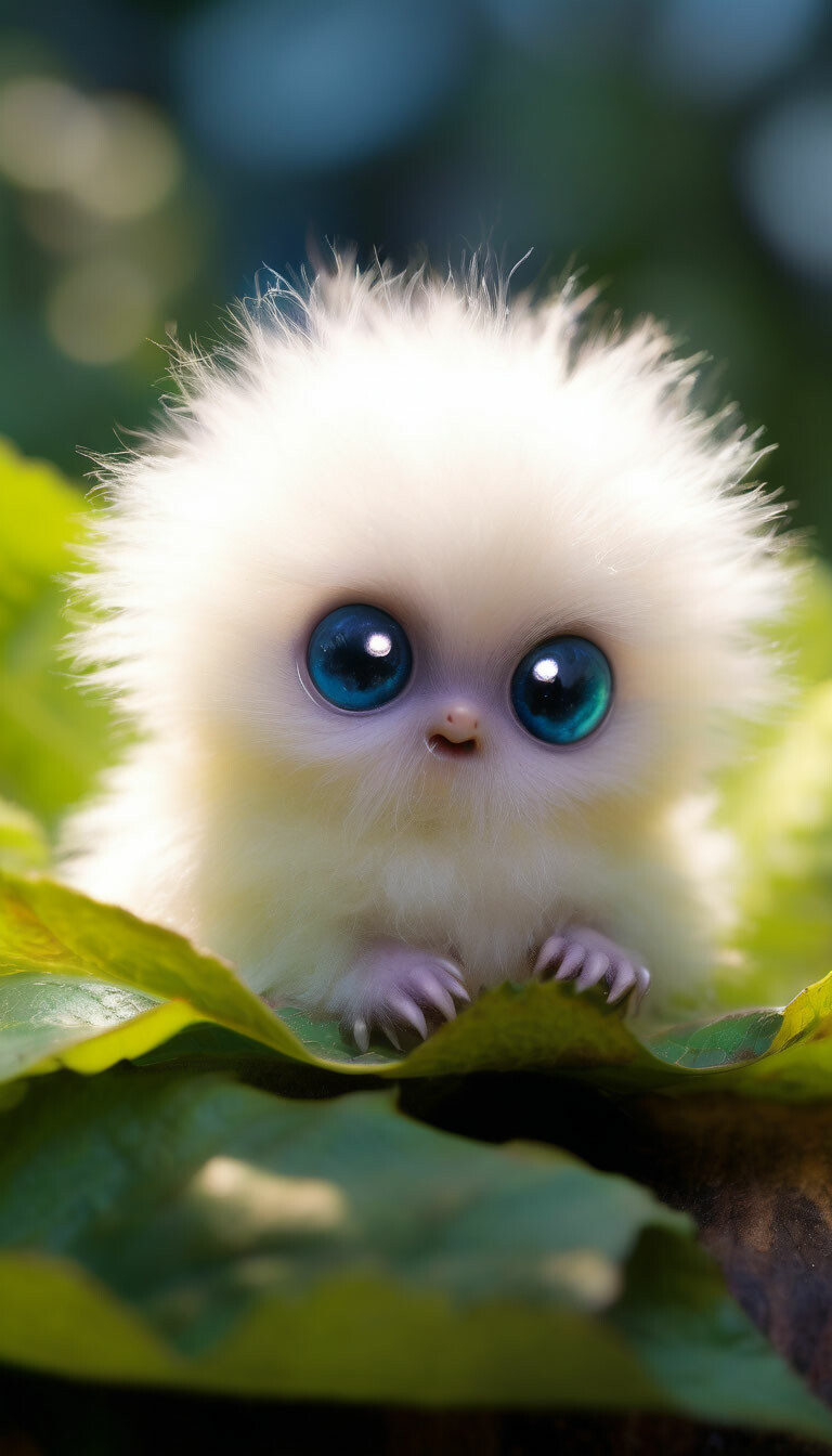 "Small, cute, super fluffy, hyper shaggy, transparent, small nose, huge ...