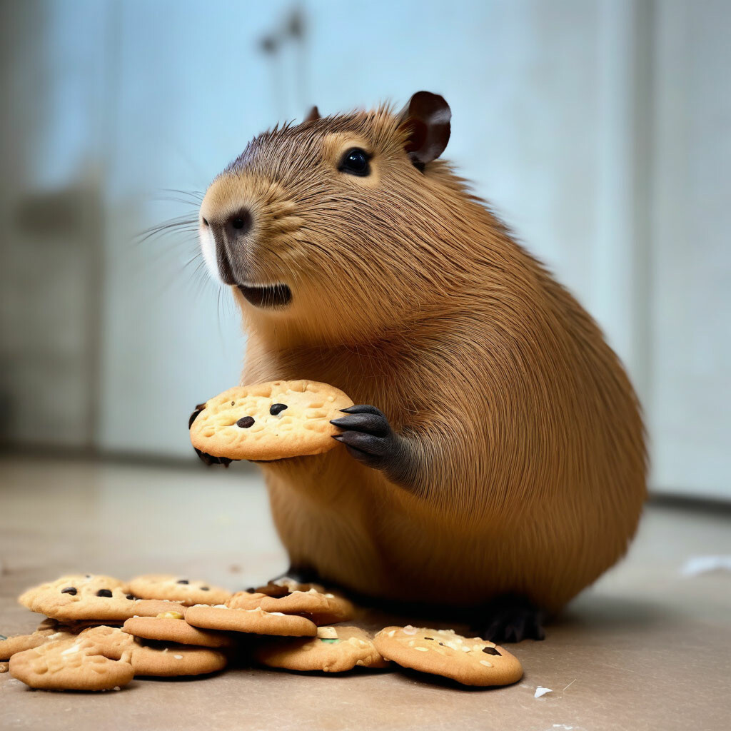 "Capybara eats cookies 🍪" — image created in Shedevrum