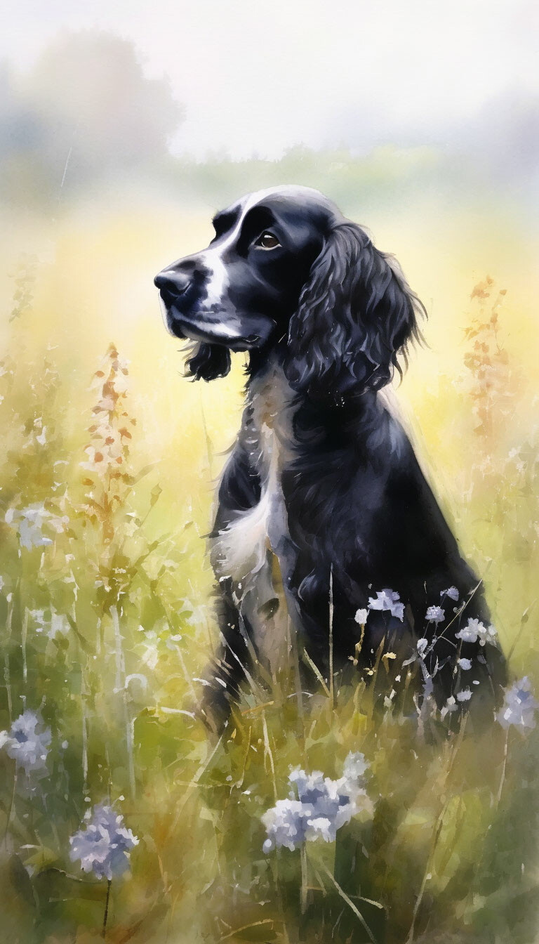 "David Tayler style, spaniel in the meadow, summer, morning, fog ...