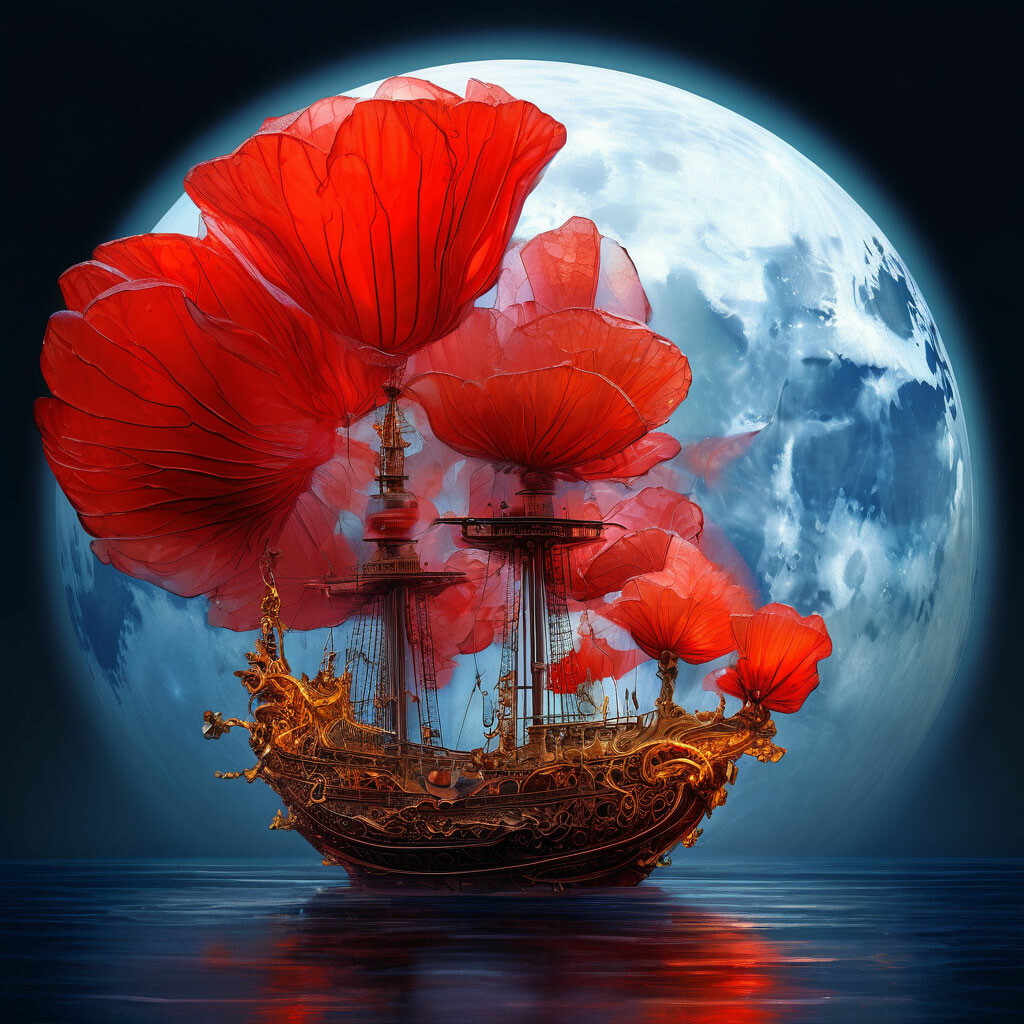 ". A crystal translucent ship, sails …" — image created in Shedevrum