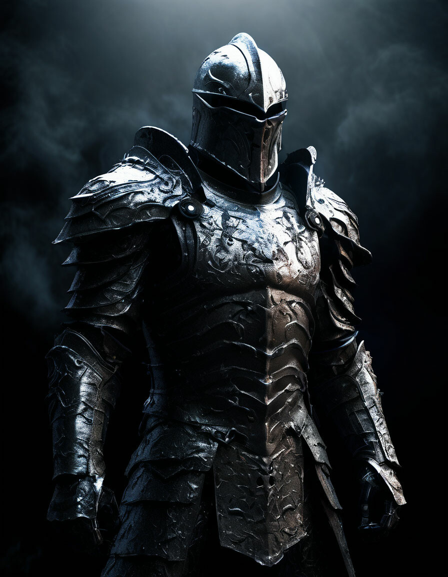 "Dark metal warrior armor, black smoke…" — image created in Shedevrum