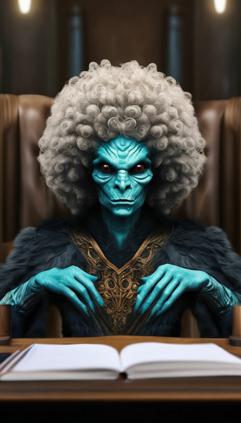 "An alien judge in a wig with curls, …" — image created in Shedevrum