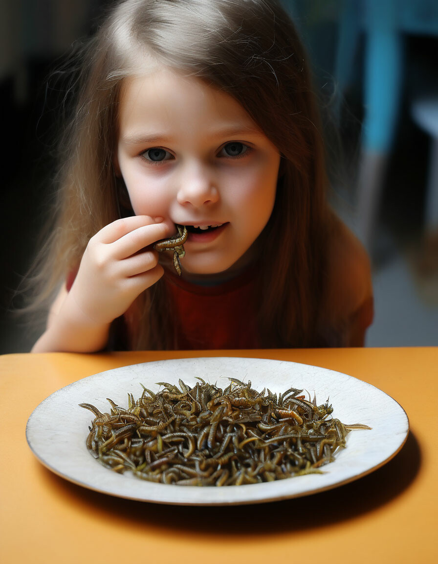 "A girl eats worms from a plate" — image created in Shedevrum
