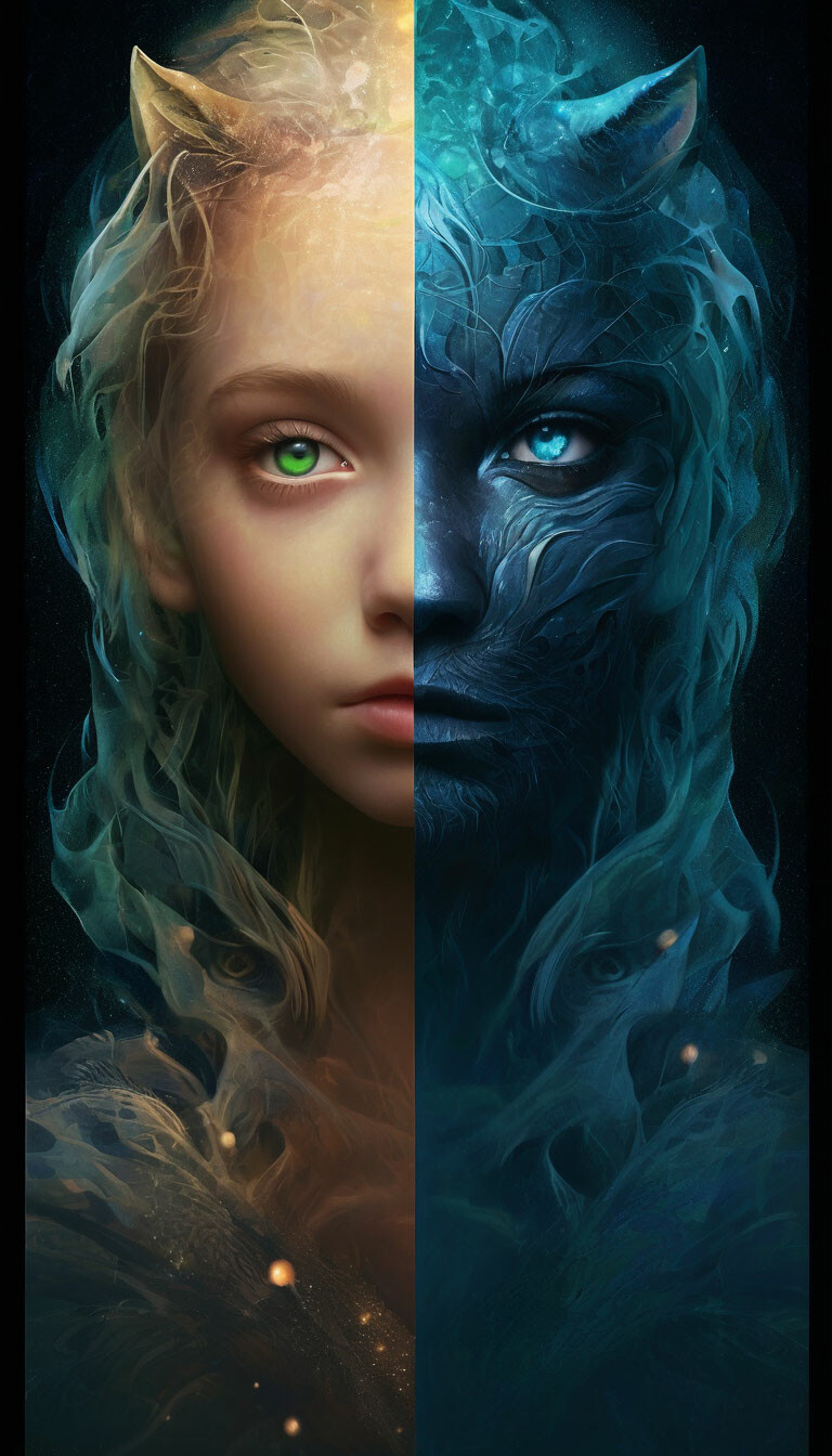 A girl with half a father's face…" — image created in Shedevrum