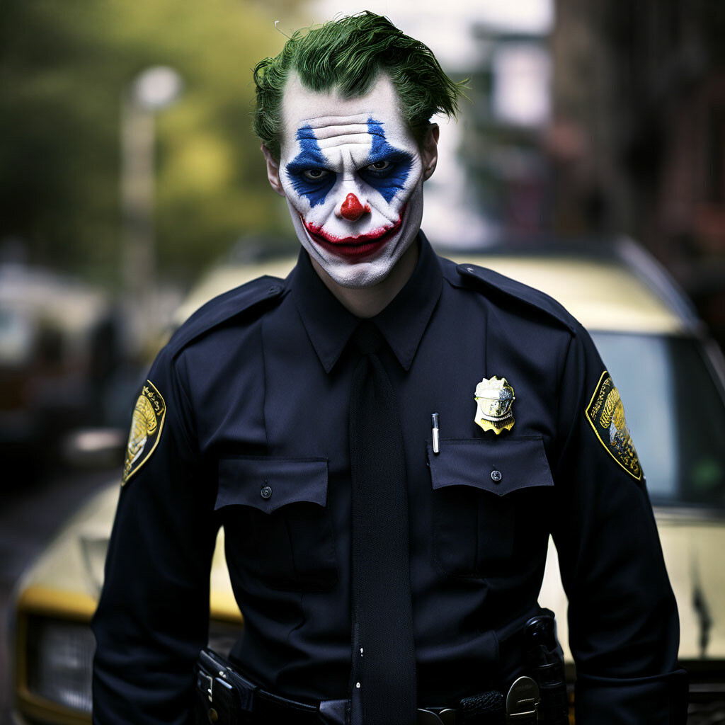 "The joker in a cop costume" — image created in Shedevrum