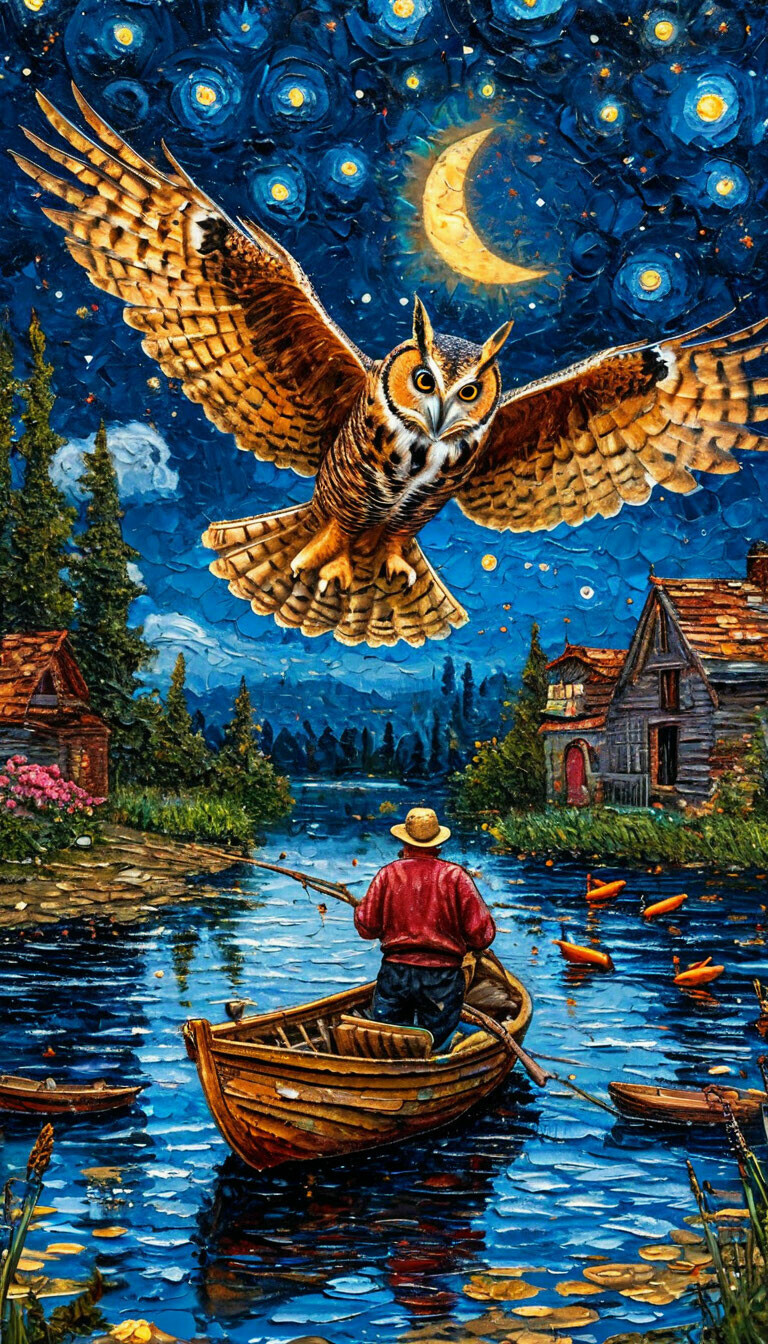 "🦉In the style of Jane Perkins, owl flying over the river at night, 🌙🌹 ...