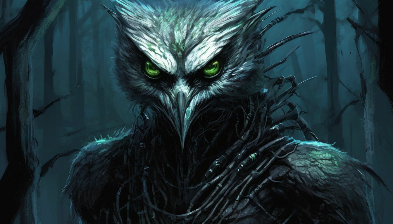 ". tall, skinny, humanoid alien, owl …" — image created in Shedevrum